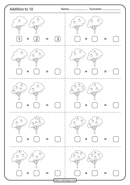 Printable Math Addition to Ten (10) Worksheet