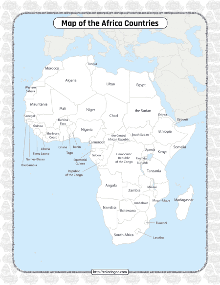 Printable Map of the Africa Countries Worksheet