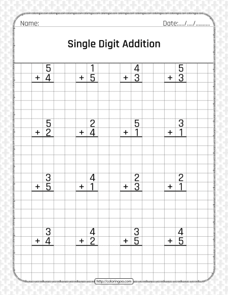 Free Printable Single Digit Addition Pdf Worksheet