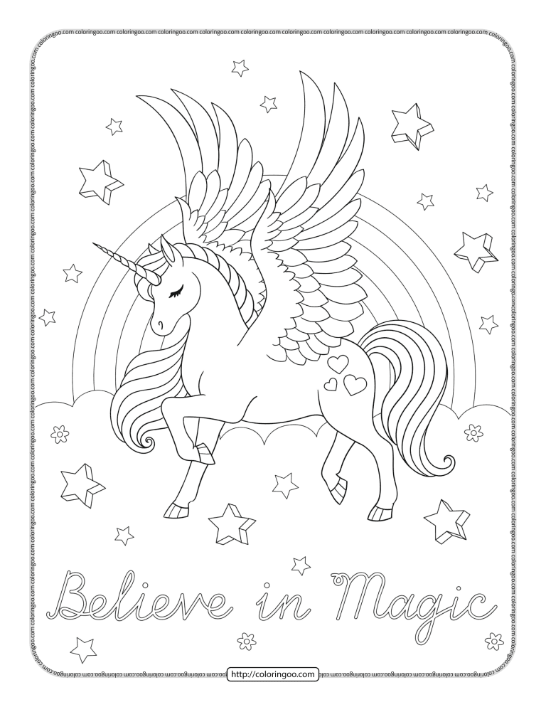 Printable Unicorn Rainbow and Stars Coloring Page