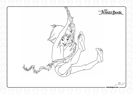Free Printable Mowgli Swinging From A Vine Coloring Page